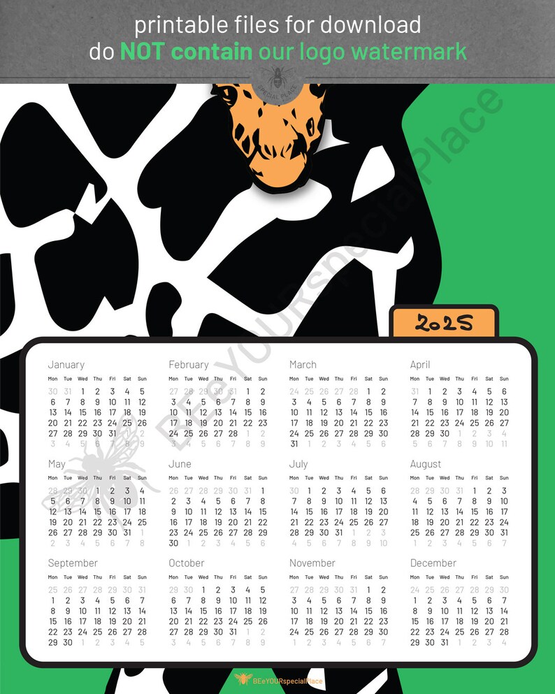 2025 Calendar / GIRAFFE Design / for Animal Lovers / Printable in A4 ...