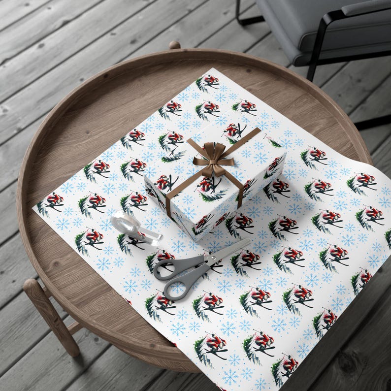 Retro Skier Pattern Gift Wrap Paper | Winter Snowflake Skiing Holiday ...