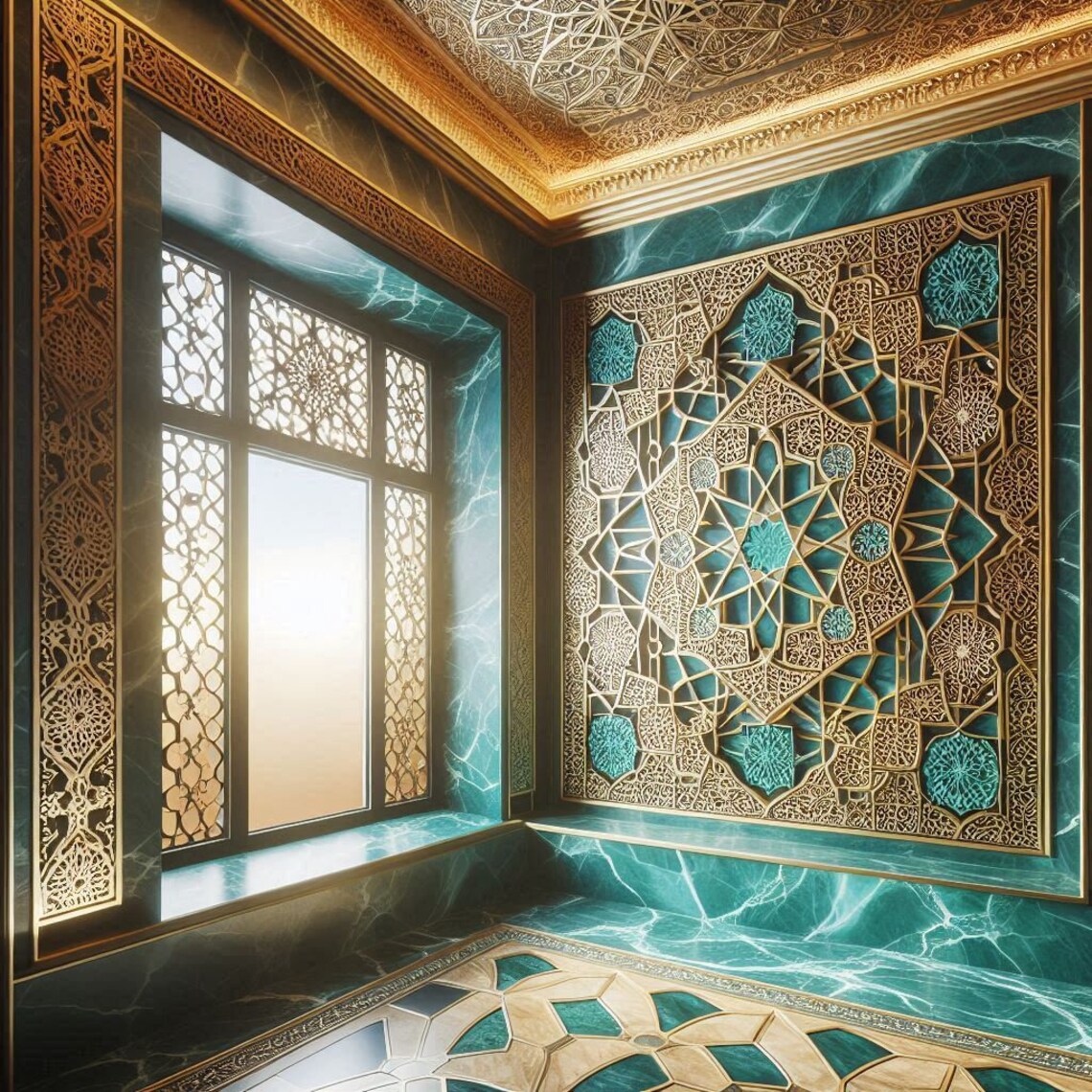 Luxurious Seamless Teal Marble Wallpaper With Gold Moroccan Trellis Patterns for a Rich and ...