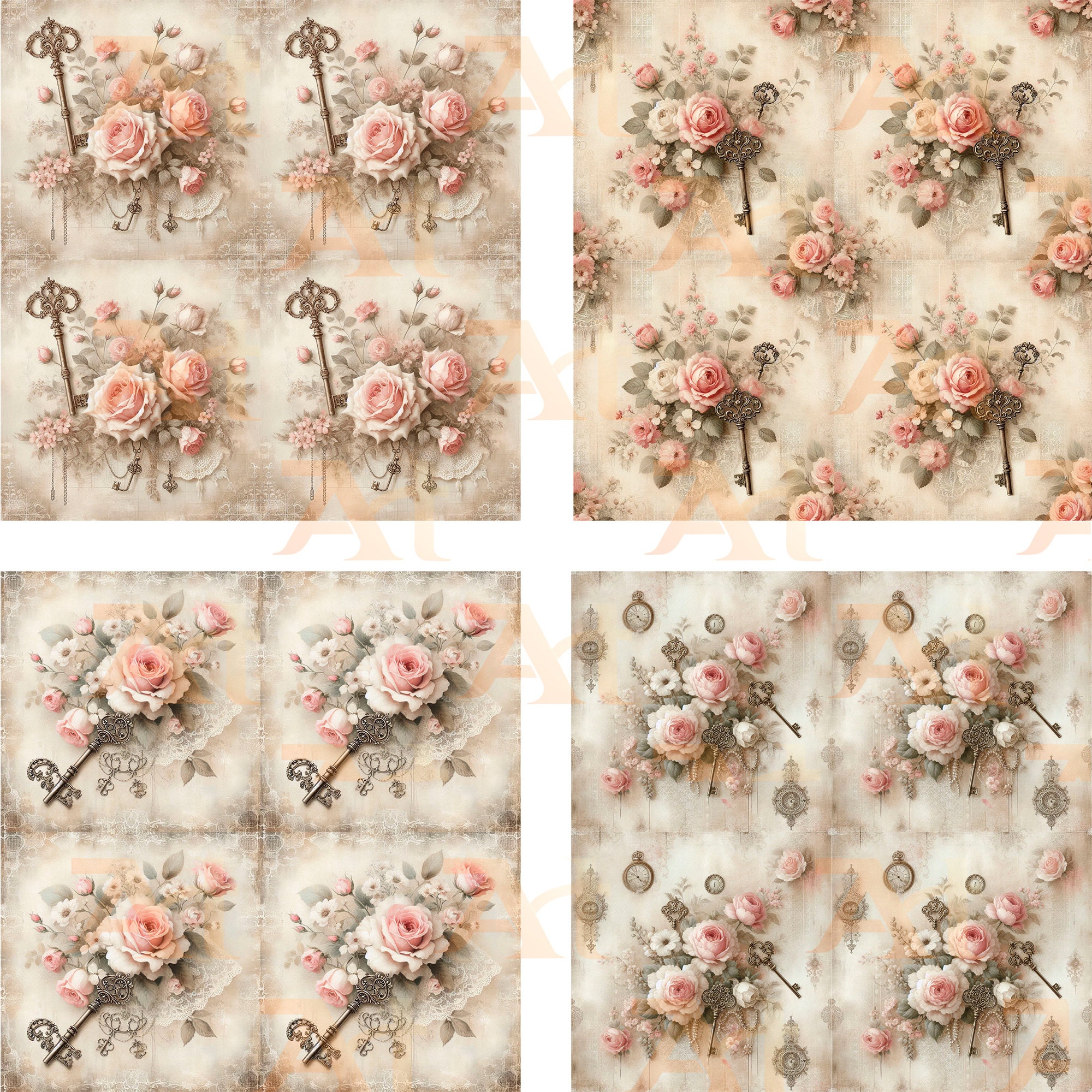 Shabby Chic Seamless Wallpaper With Faded Roses, Vintage Keys, and Lace ...