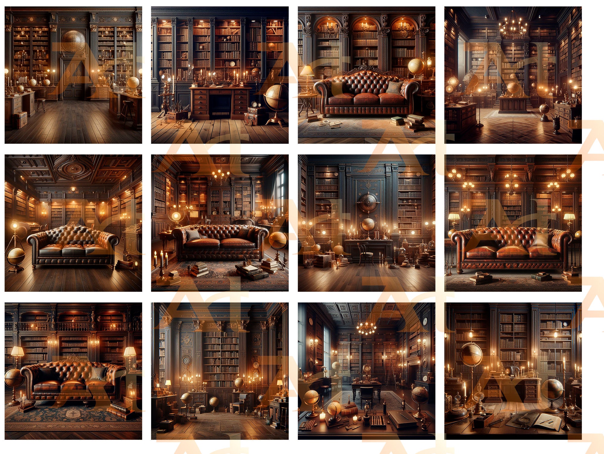 Dark Academia Vintage Library Backdrop - Luxurious Leather Sofa for ...