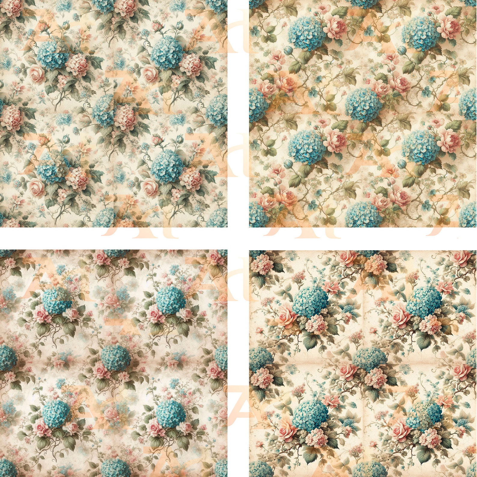 Seamless Vintage Floral Wallpaper With Faded Blue Hydrangeas, Pink ...