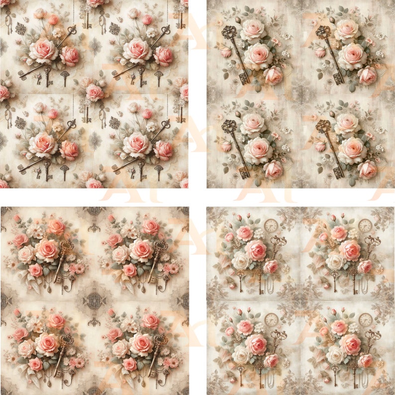 Shabby Chic Seamless Wallpaper With Faded Roses, Vintage Keys, and Lace ...