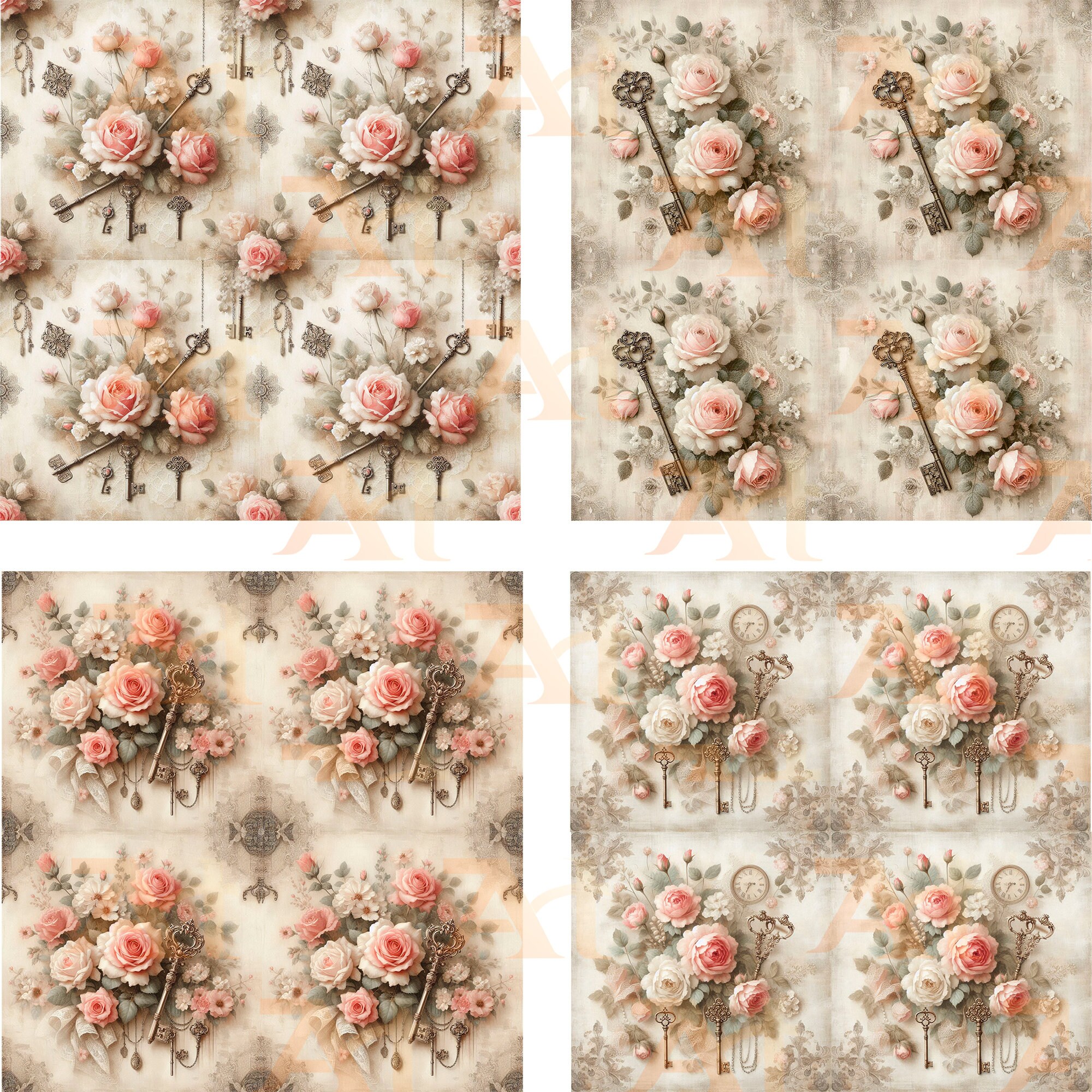 Shabby Chic Seamless Wallpaper With Faded Roses, Vintage Keys, and Lace ...