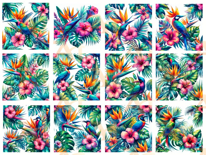 Vibrant Tropical Bird of Paradise Watercolor Pattern, Exotic Floral ...