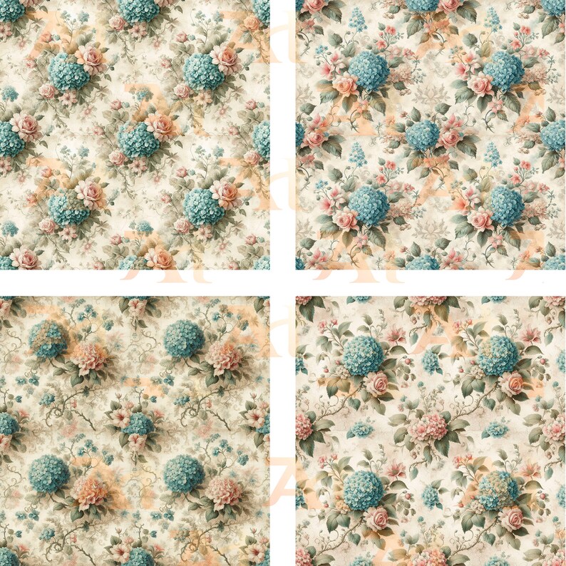 Seamless Vintage Floral Wallpaper With Faded Blue Hydrangeas, Pink ...