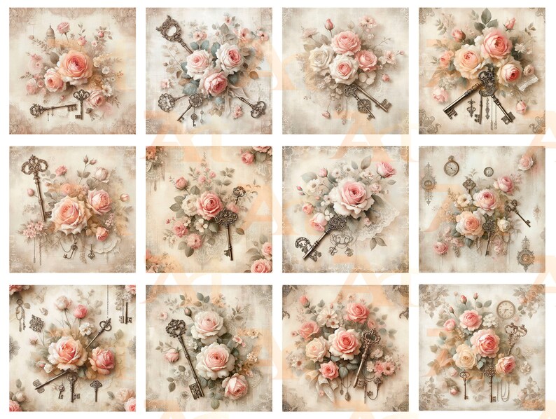 Shabby Chic Seamless Wallpaper With Faded Roses, Vintage Keys, and Lace ...