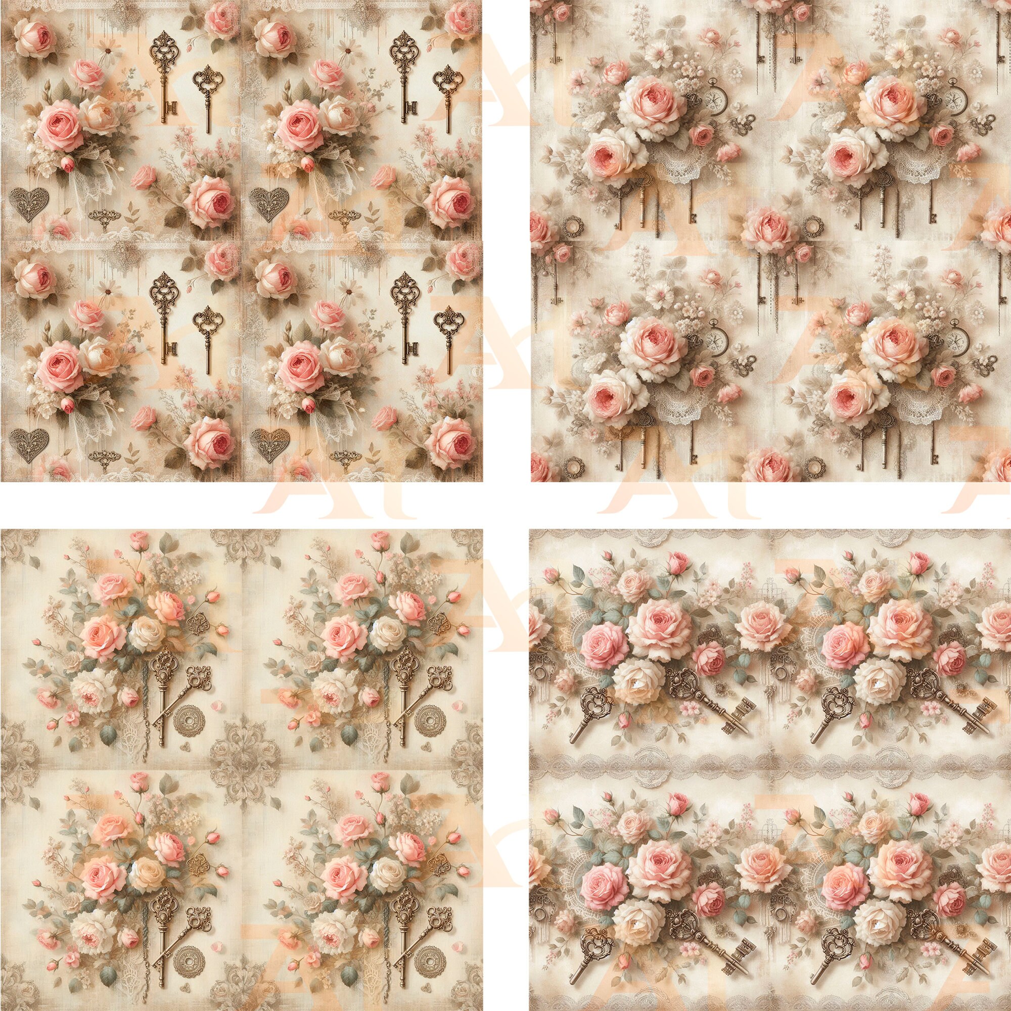 Shabby Chic Seamless Wallpaper With Faded Roses, Vintage Keys, and Lace ...