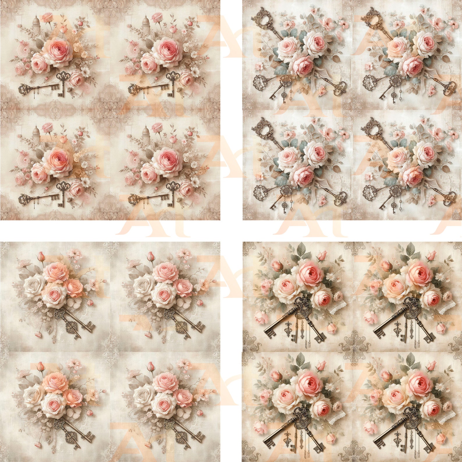 Shabby Chic Seamless Wallpaper With Faded Roses, Vintage Keys, and Lace ...