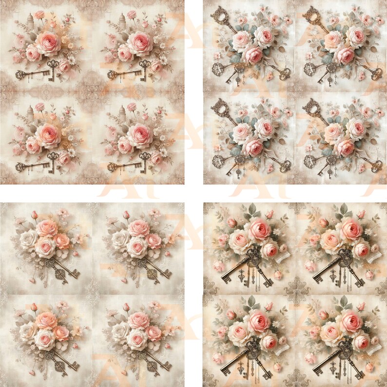 Shabby Chic Seamless Wallpaper With Faded Roses, Vintage Keys, and Lace ...