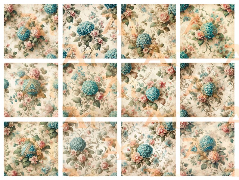 Seamless Vintage Floral Wallpaper With Faded Blue Hydrangeas, Pink ...