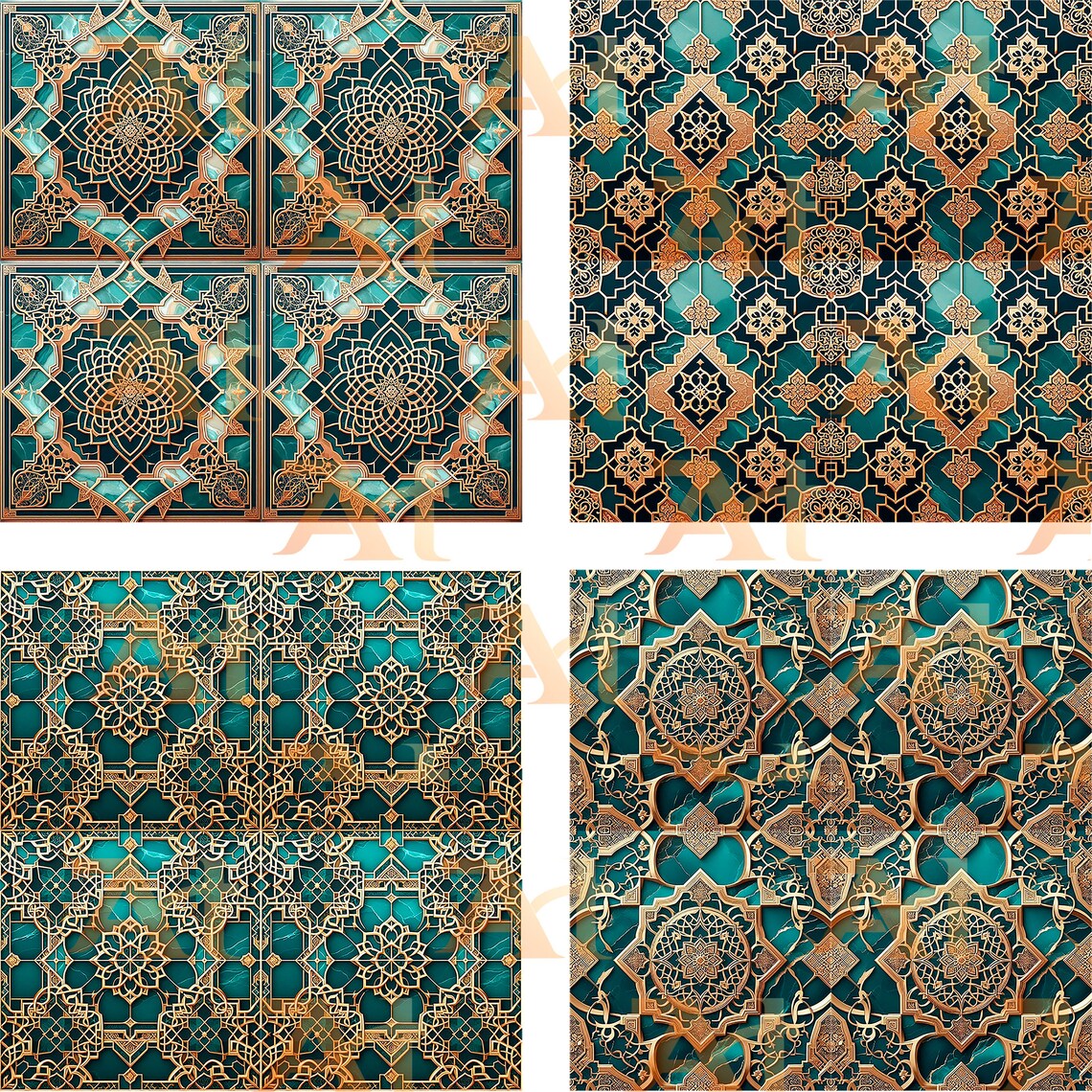 Luxurious Seamless Teal Marble Wallpaper With Gold Moroccan Trellis Patterns for a Rich and ...