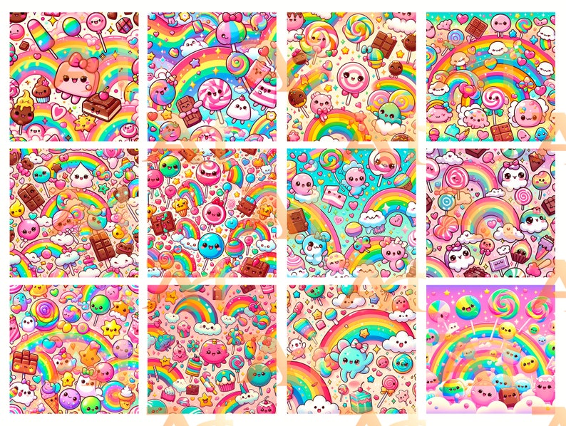 Whimsical Candy Land Kawaii Pattern, Sweet Treats Rainbow Digital Paper ...