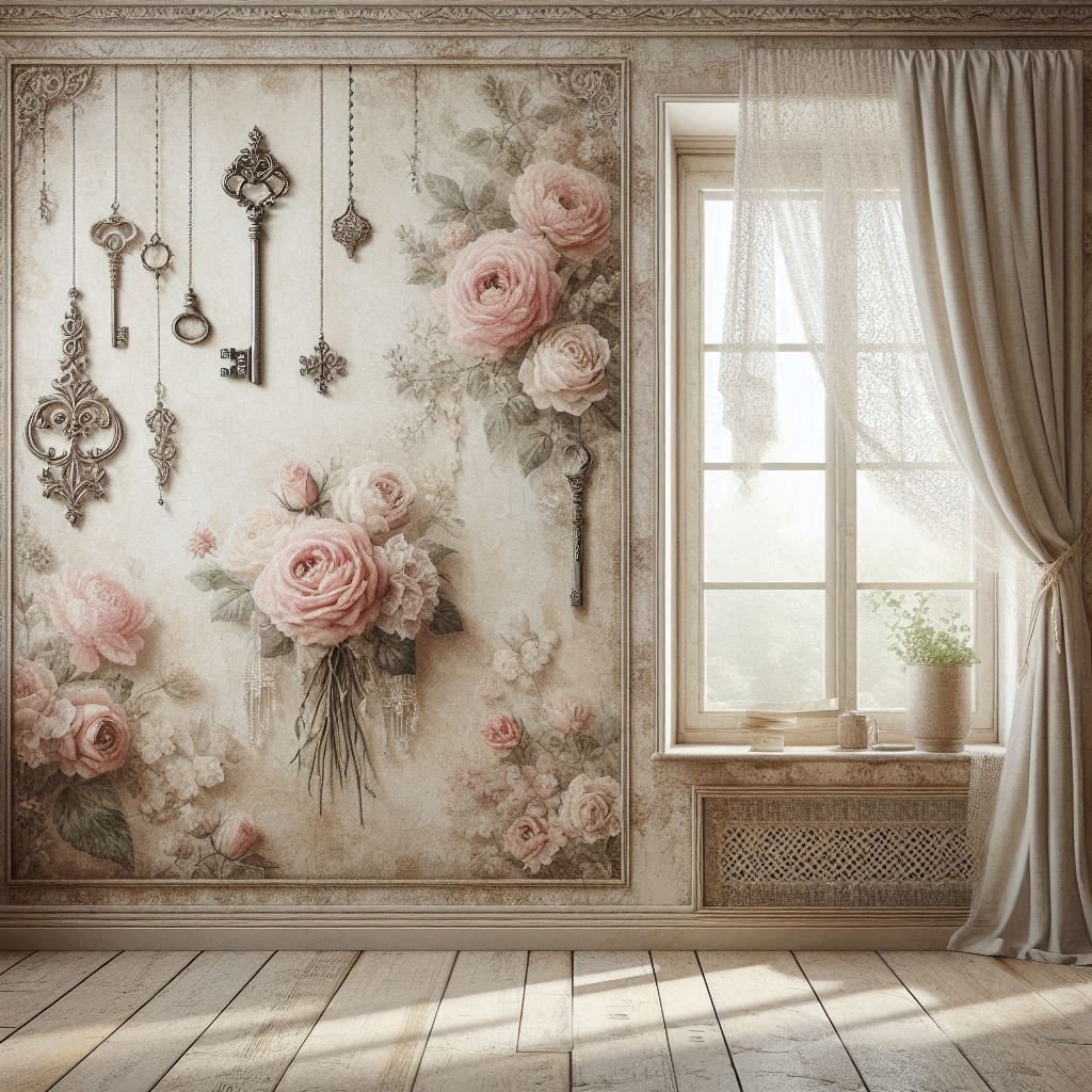 Shabby Chic Seamless Wallpaper With Faded Roses, Vintage Keys, and Lace ...