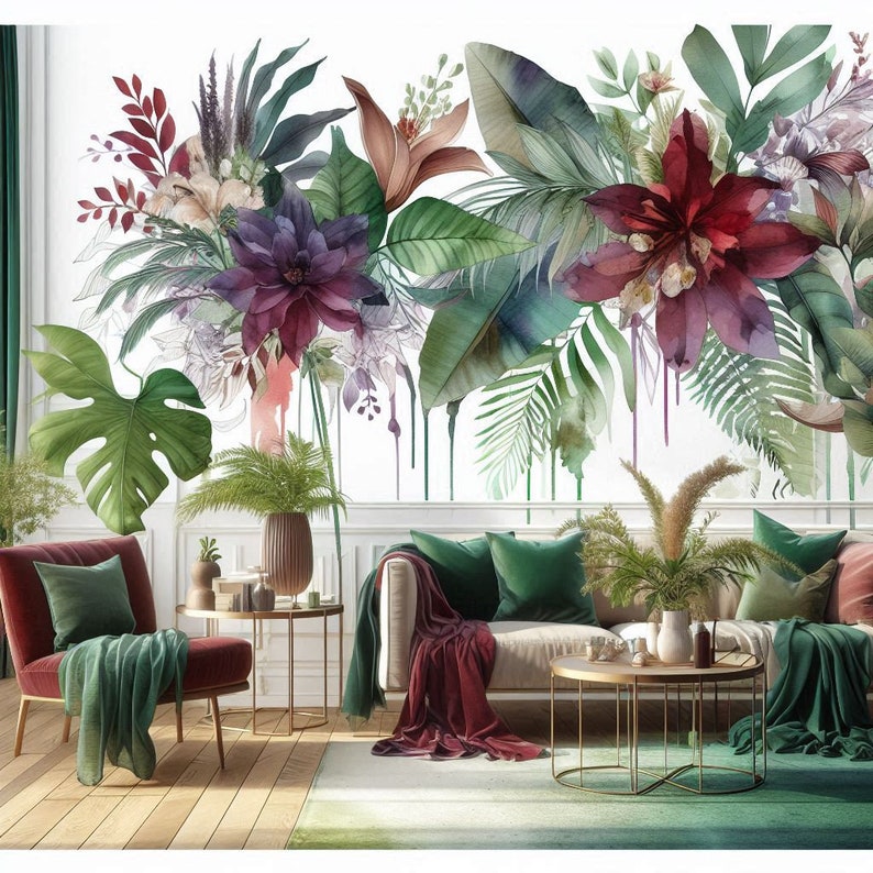 Luxurious Botanical Seamless Wallpaper Lush Leaves and Flowers in Jewel ...