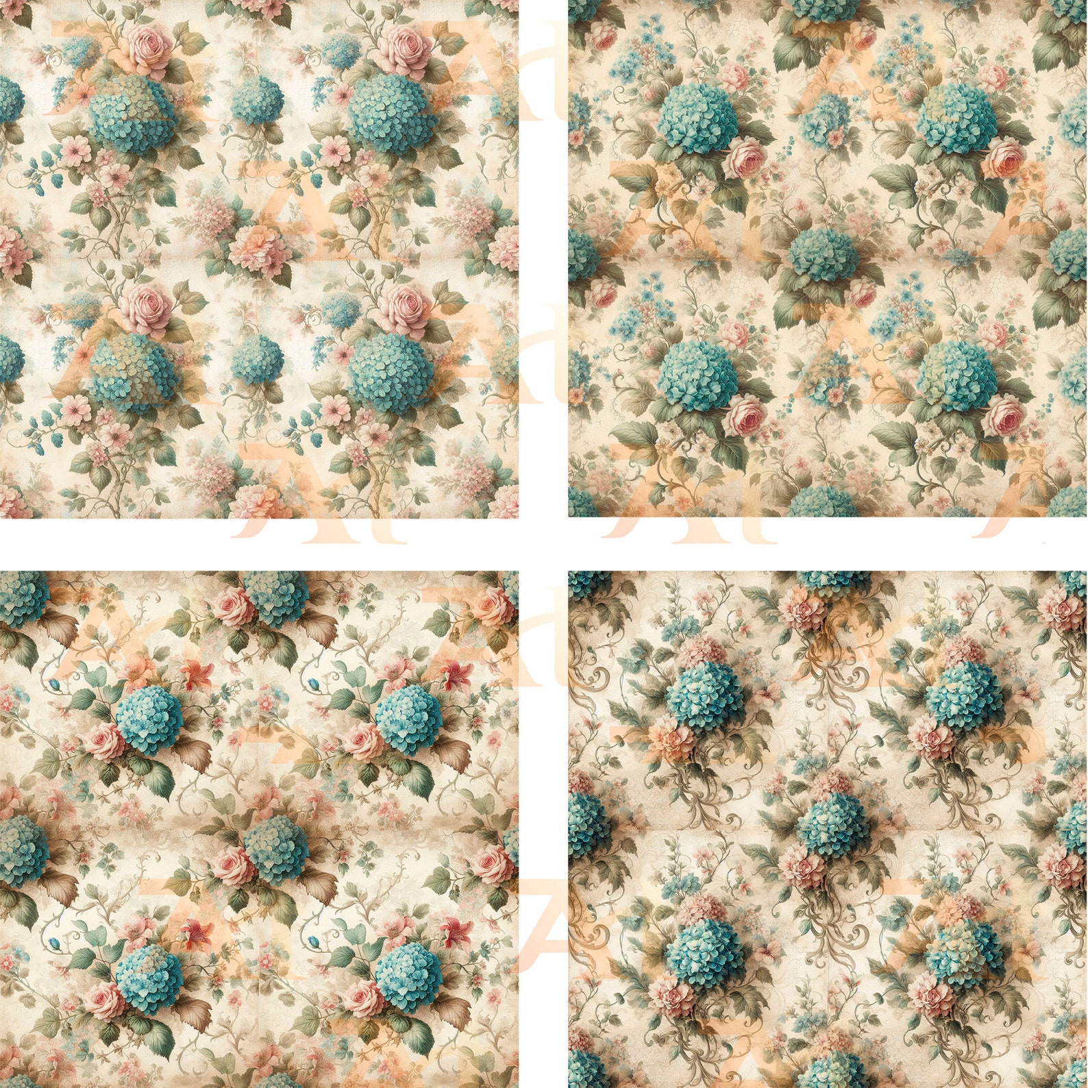 Seamless Vintage Floral Wallpaper With Faded Blue Hydrangeas, Pink ...