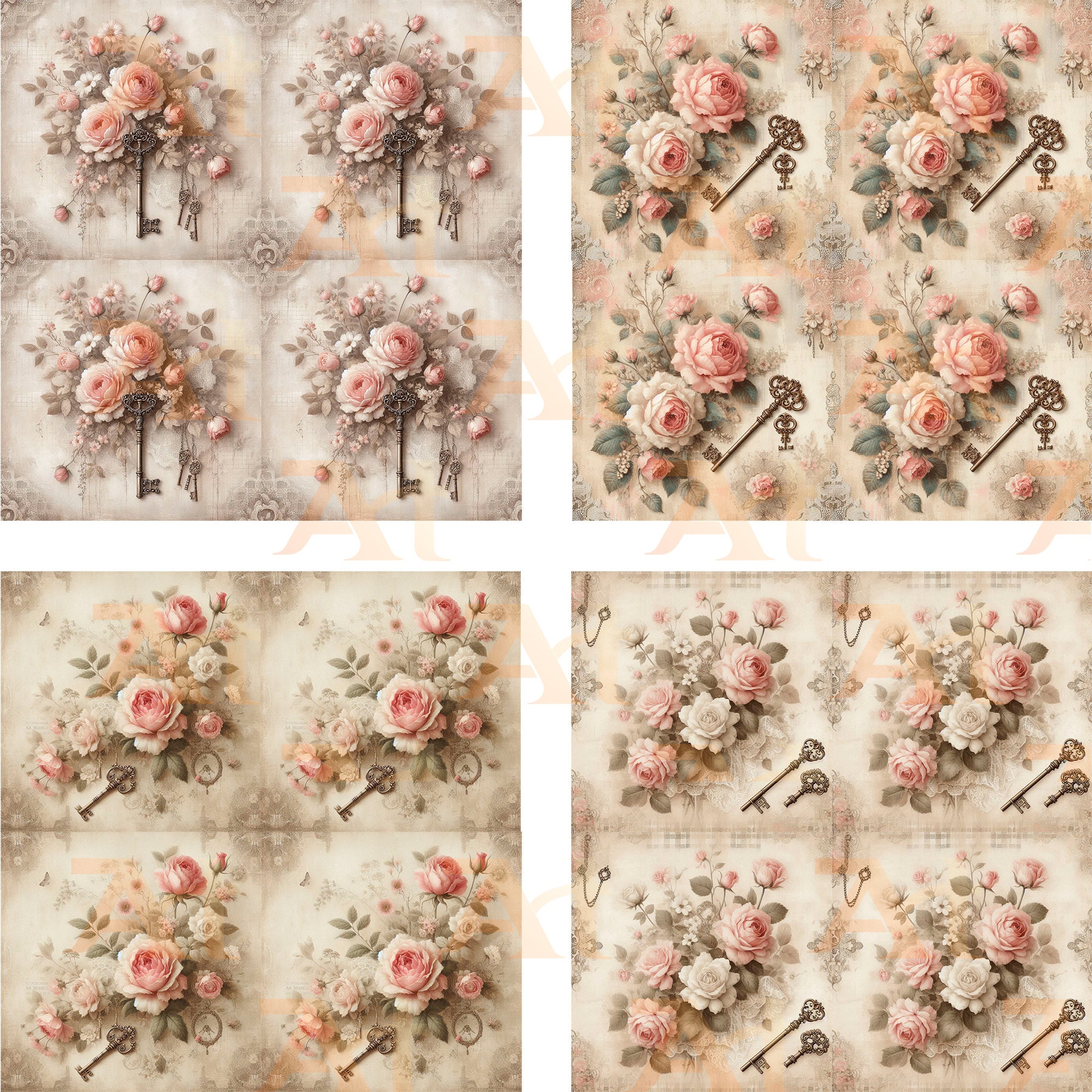 Shabby Chic Seamless Wallpaper With Faded Roses, Vintage Keys, and Lace ...