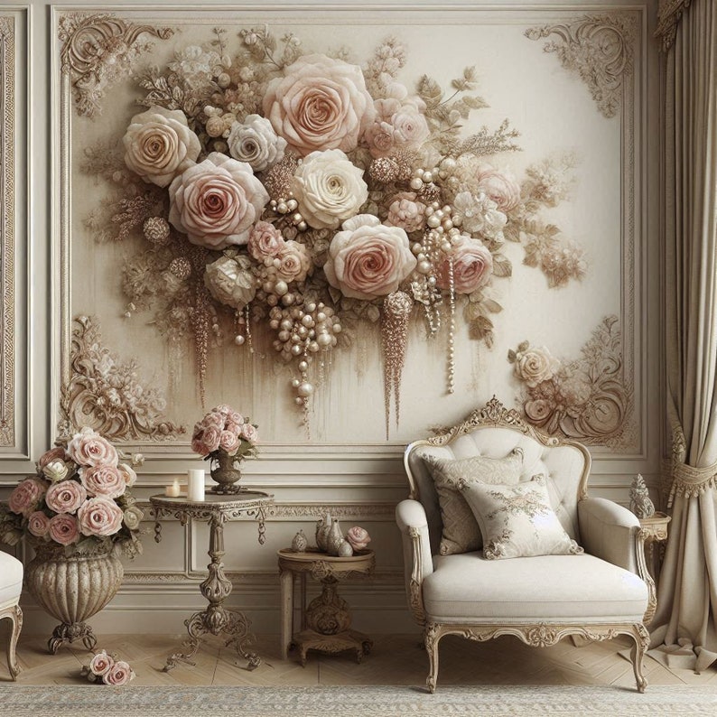 Luxurious Shabby Chic Seamless Wallpaper With Rose Bouquets, Pearls ...