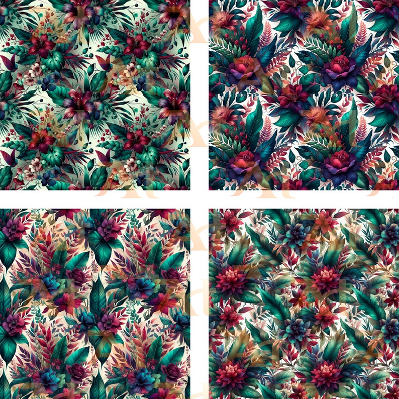 Luxurious Botanical Seamless Wallpaper Lush Leaves and Flowers in Jewel ...