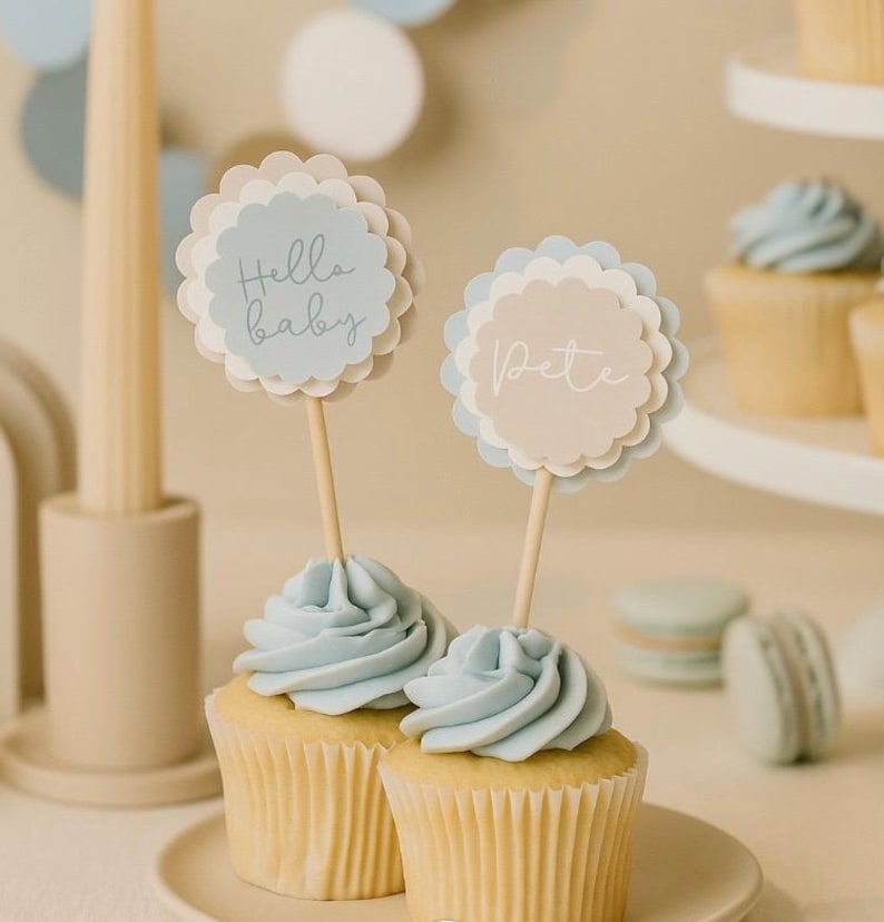 Personalized Baby Shower Cupcake Toppers, Hello Baby Cupcake Toppers ...