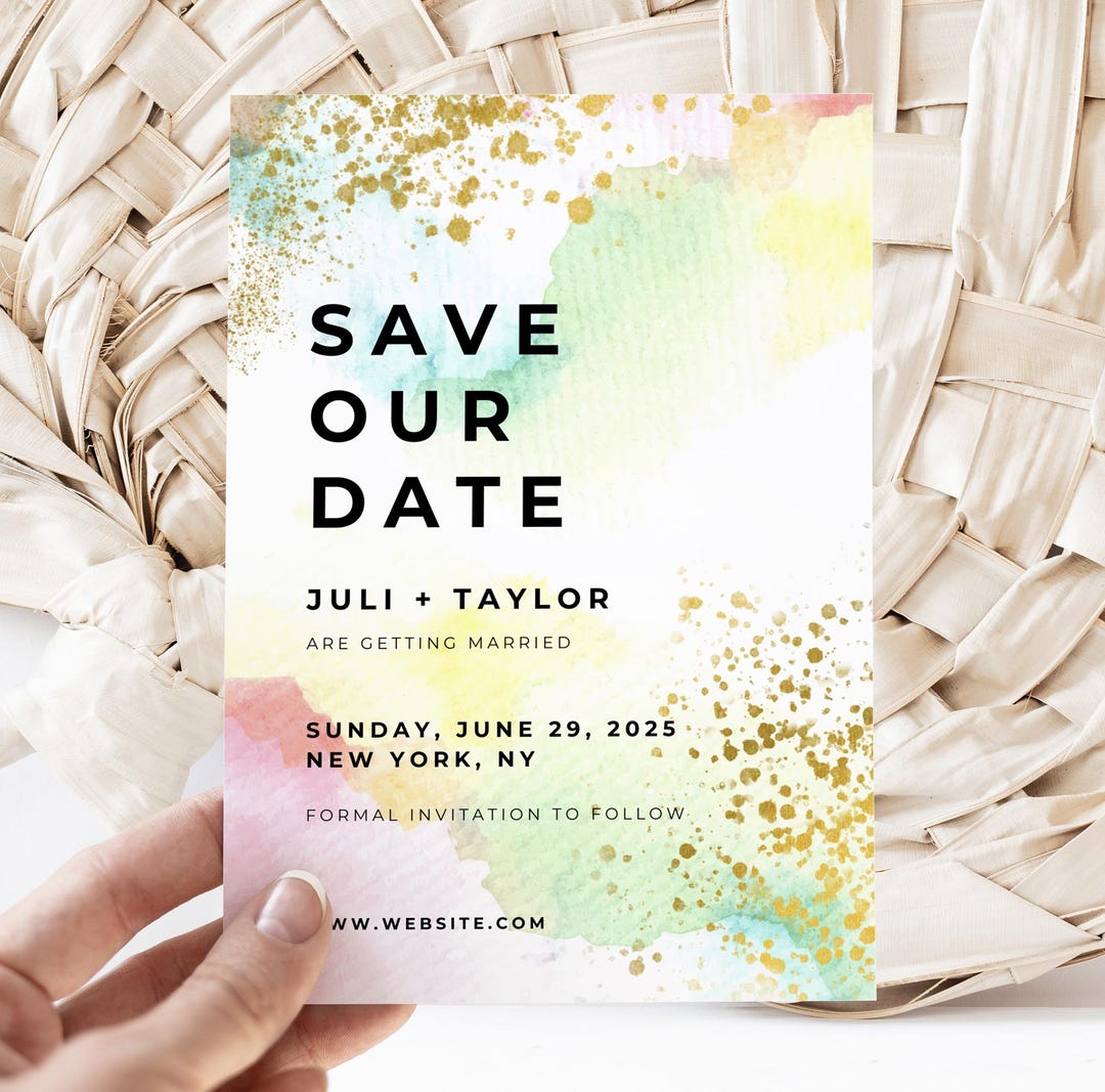 Pastel Rainbow Glitter Save the Date Template, Personalize in Canva ...
