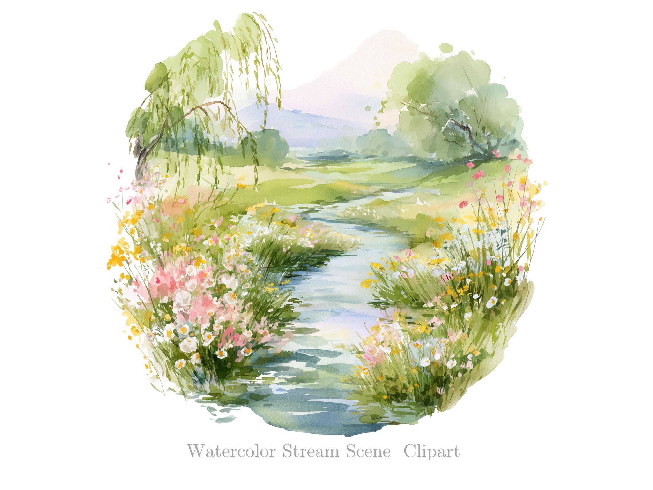 Watercolor Mountain Stream Clipart PNG, Peaceful Nature Scene ...