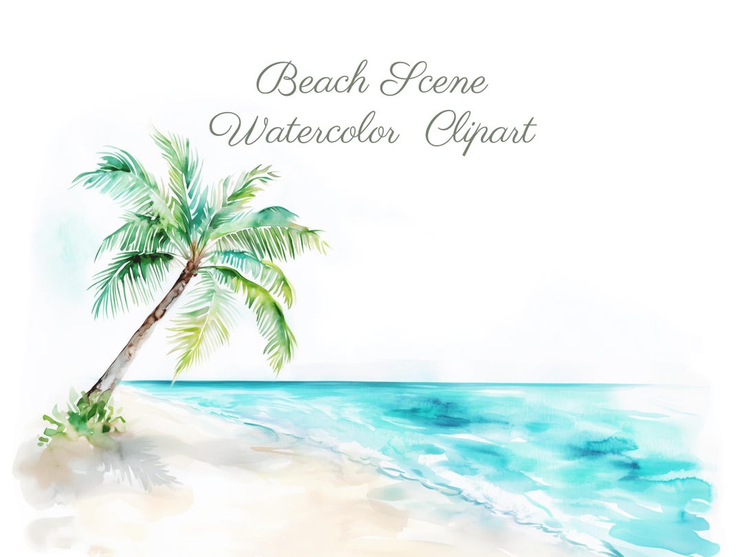 Watercolor Beach Clipart: Tropical Island Scene PNG (commercial Use ...