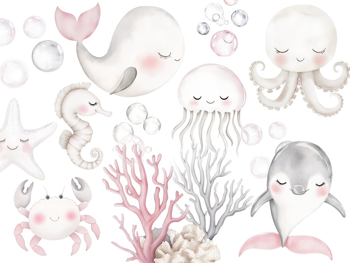 Cute Ocean Animals Clipart -under the Sea Watercolor Clipart - Cute Sea ...