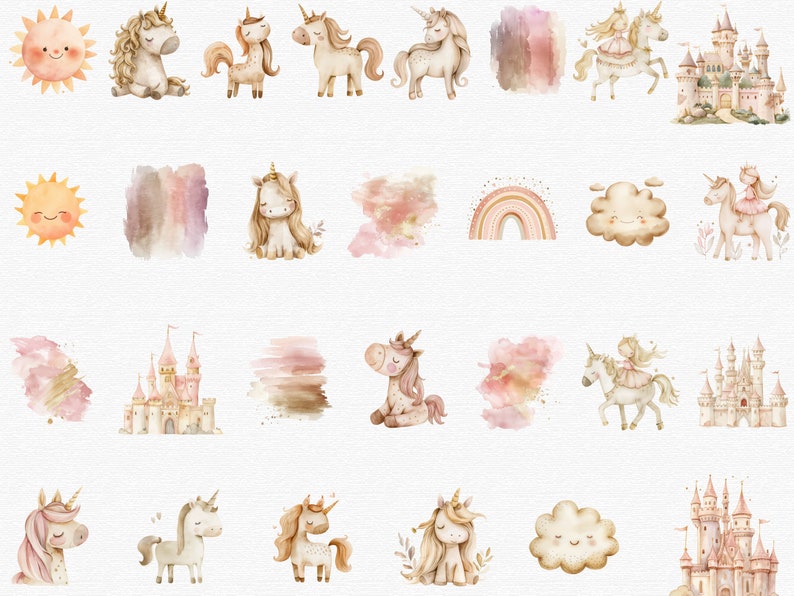 Watercolor Unicorn Clipart, Princess Unicorn Clipart, Castle Clipart ...