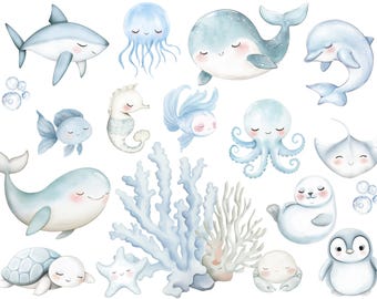 Cute Ocean Animals Clipart -under the Sea Watercolor Clipart - Sea ...