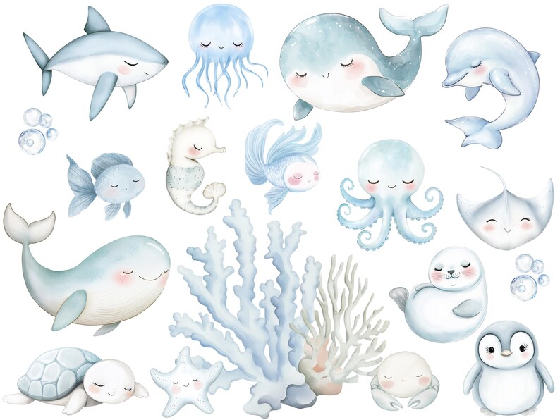 Cute Ocean Animals Clipart -under the Sea Watercolor Clipart - Sea ...