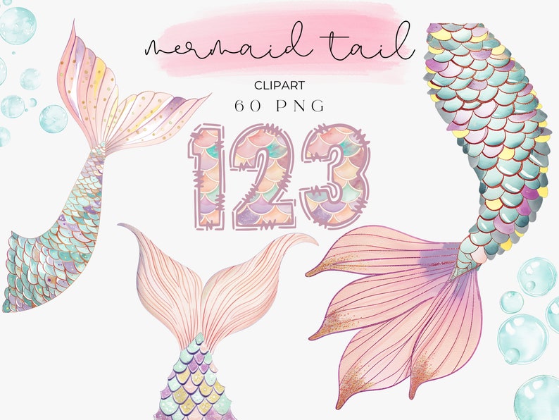 Watercolor Mermaid Tails With Glitter - Mermaid Tail Clipart - 60 PNG ...