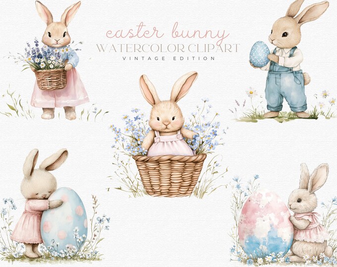 Easter Watercolor Bunny Clipart, Spring Easter Clipart, Easter Eggs ...