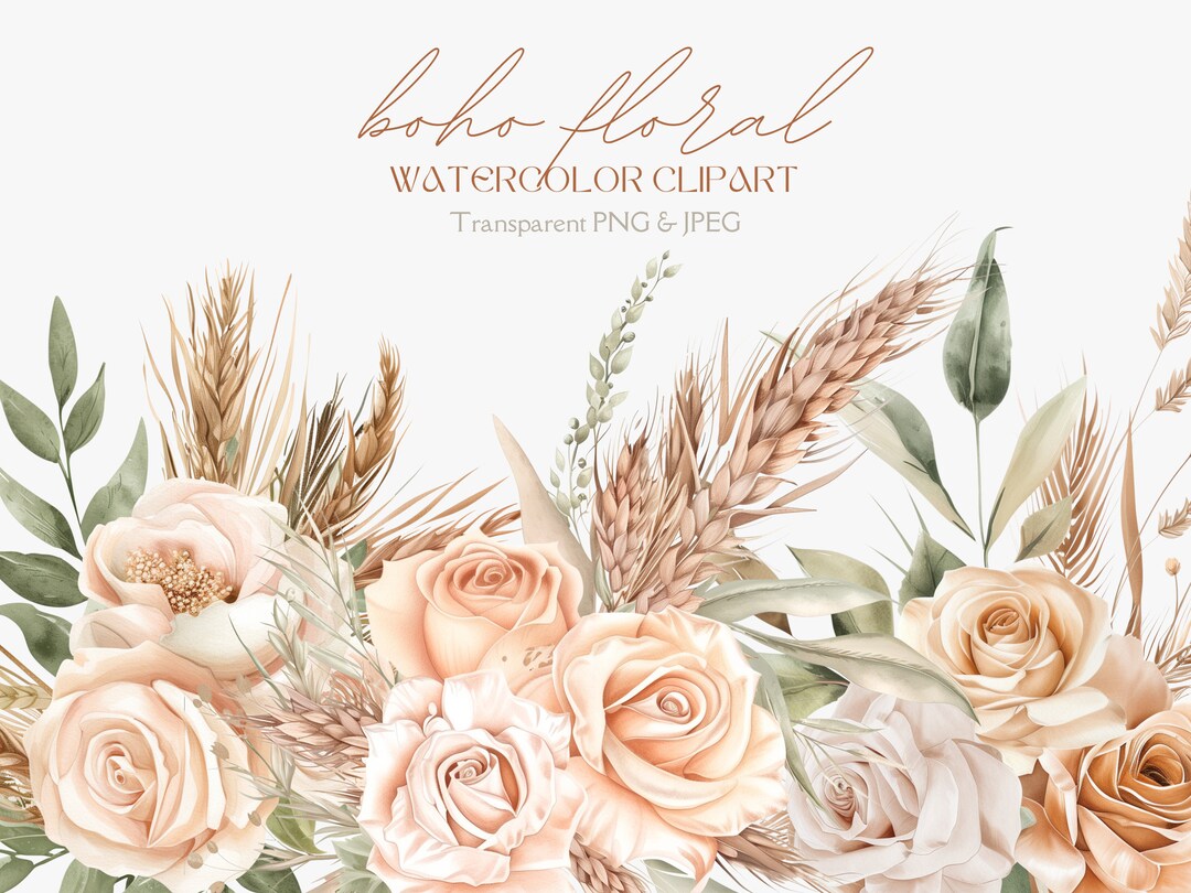Boho Watercolor Floral Clipart, Elegant Boho Flower, Wedding Boquet ...