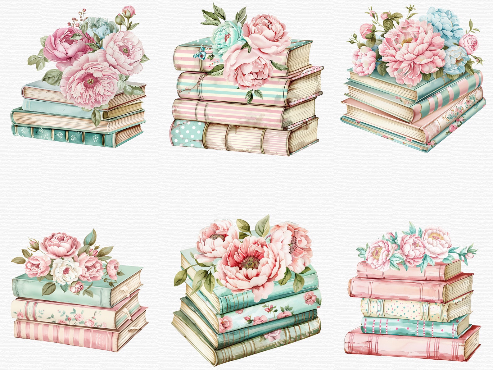 12 Book Stack Watercolor Clipart - Floral Stack of Books Clipart ...