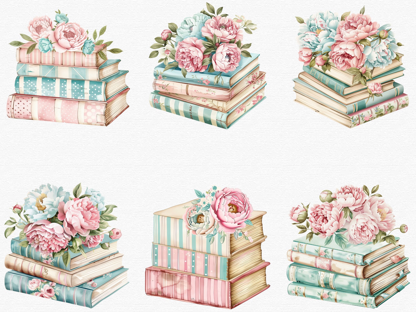 12 Book Stack Watercolor Clipart - Floral Stack of Books Clipart ...