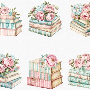 12 Book Stack Watercolor Clipart - Floral Stack of Books Clipart ...