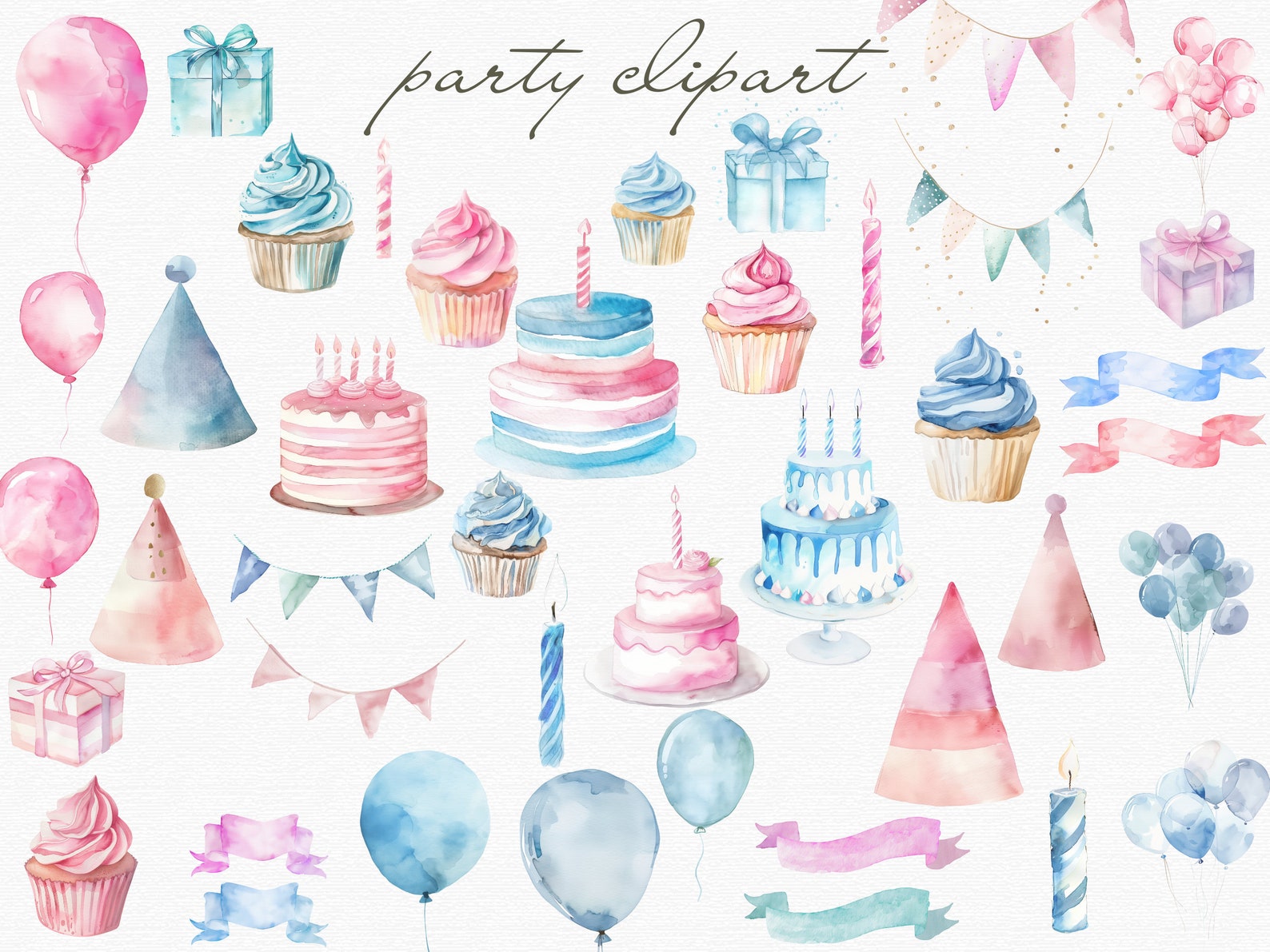 Pink and Blue Watercolor Party Clipart, Birthday Invitation Clipart ...