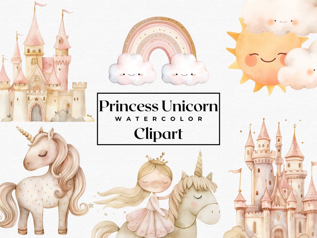Watercolor Unicorn Clipart, Princess Unicorn Clipart, Castle Clipart ...
