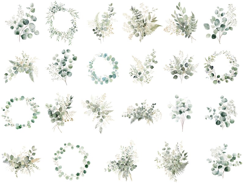 Watercolor Greenery Clipart: Golden Eucalyptus Foliage (PNG Transparent ...