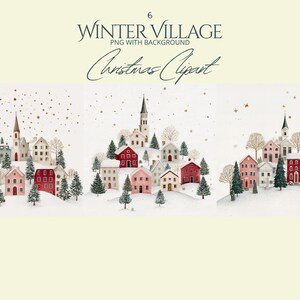 Watercolor Christmas Village Clipart: Winter Scene PNG (commercial Use ...