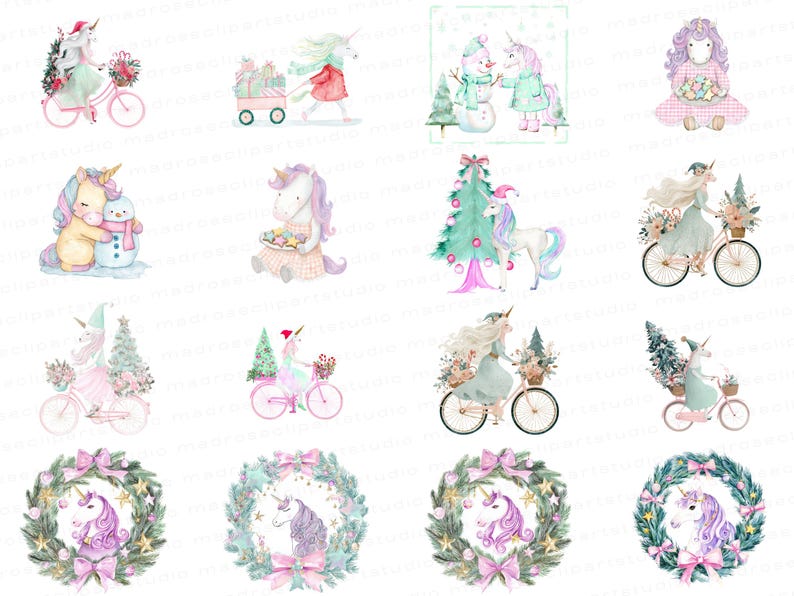 Watercolor Unicorn Christmas Clipart: Whimsical PNG Images (digital ...