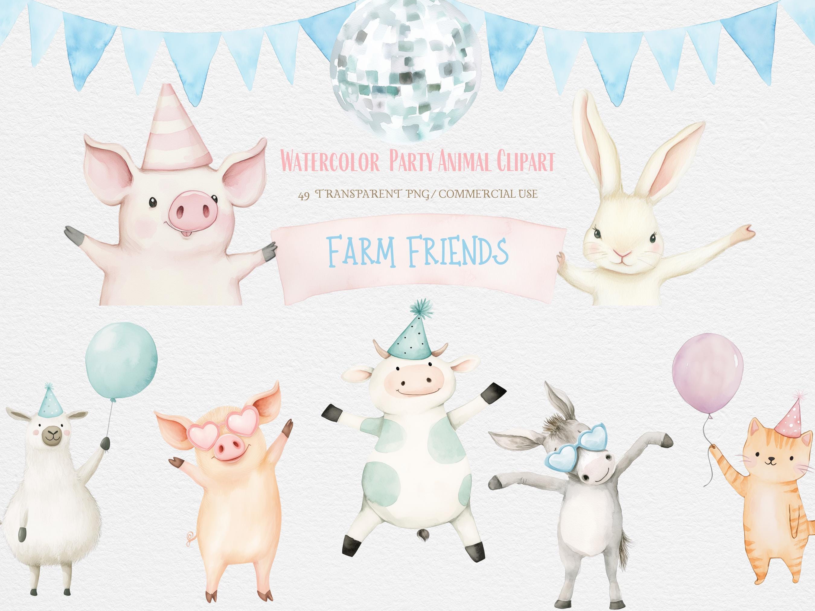 Watercolor Farm Animal Clipart - Party Animals - Pink Farm Animals ...