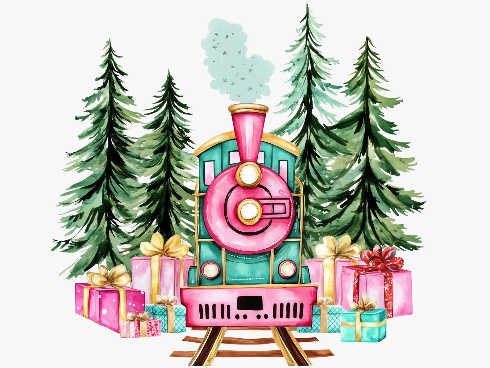 Pink Watercolor Christmas Train Clipart, Paper Craft, Junk Journal ...