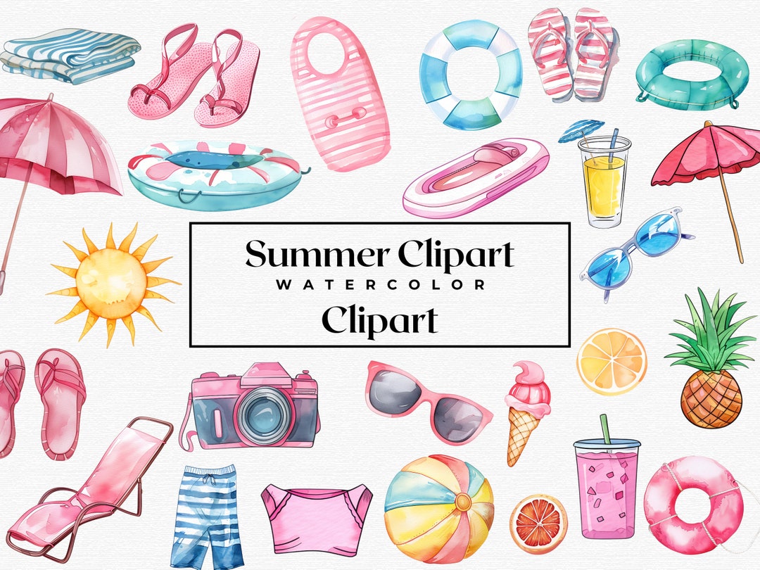 Summer Clipart PNG - Cute Pool Party Clipart Bundle - Watercolour Beach ...