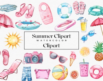 Summer Clipart PNG Cute Pool Party Clipart Bundle Watercolour Beach ...