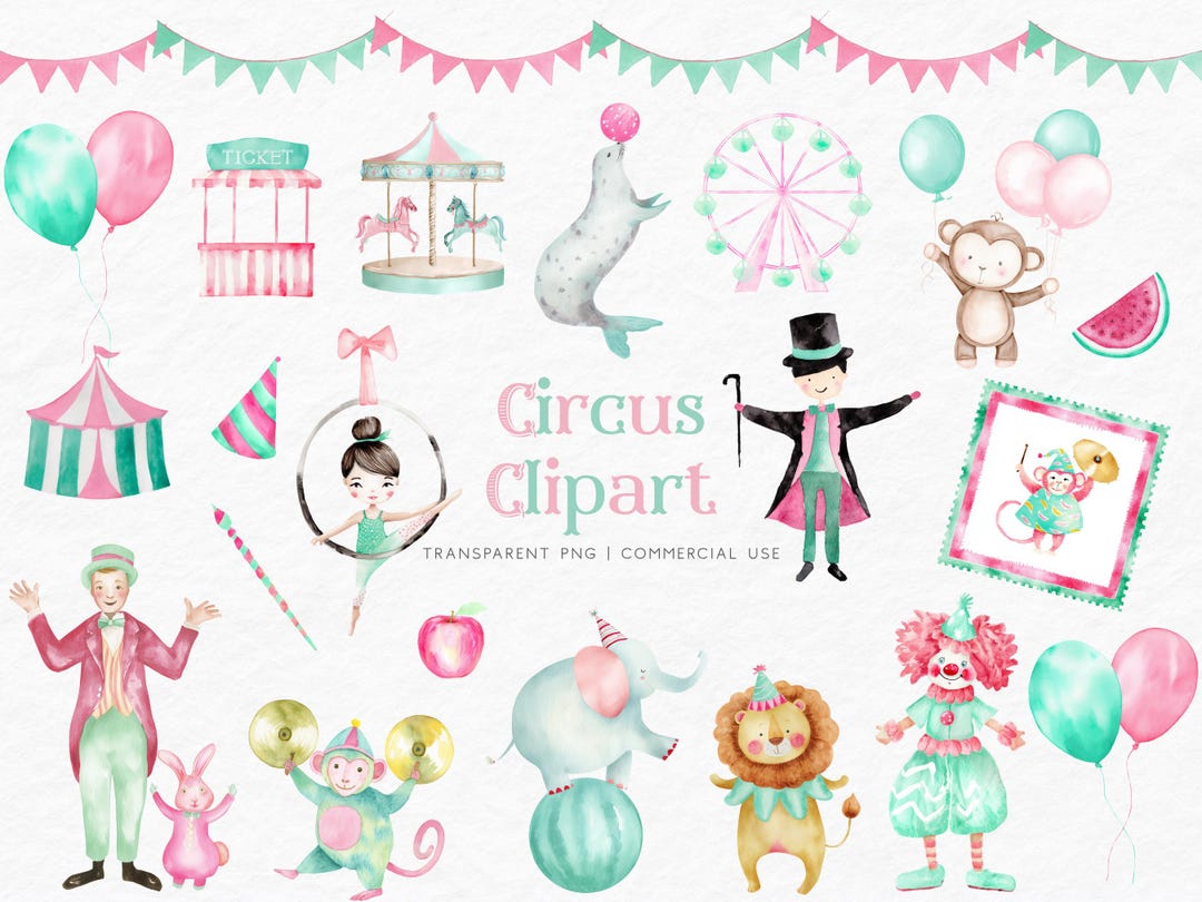 Cute Circus Watercolor Clipart, Watercolor Carnival Clipart, Amusement ...