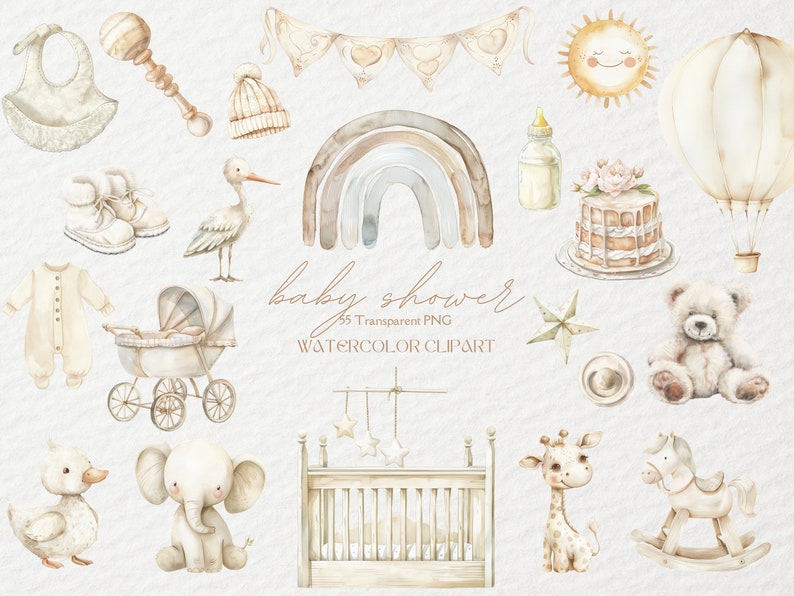 55 Neutral Watercolor Baby Shower Clipart, Baby Shower Clipart PNG ...