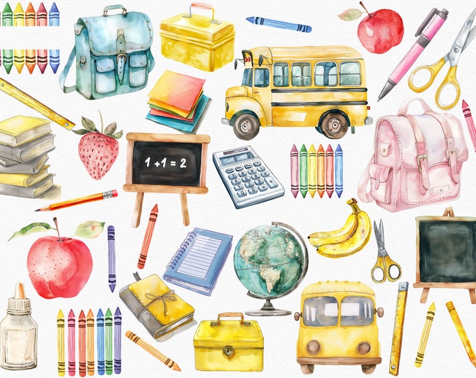 Cute Classroom Watercolor Clipart Bundle, Back to School Digital ...