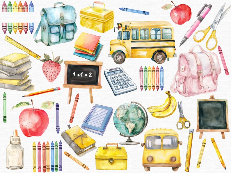 Watercolor Back to School Clipart, School Clipart Set, Student Clipart ...